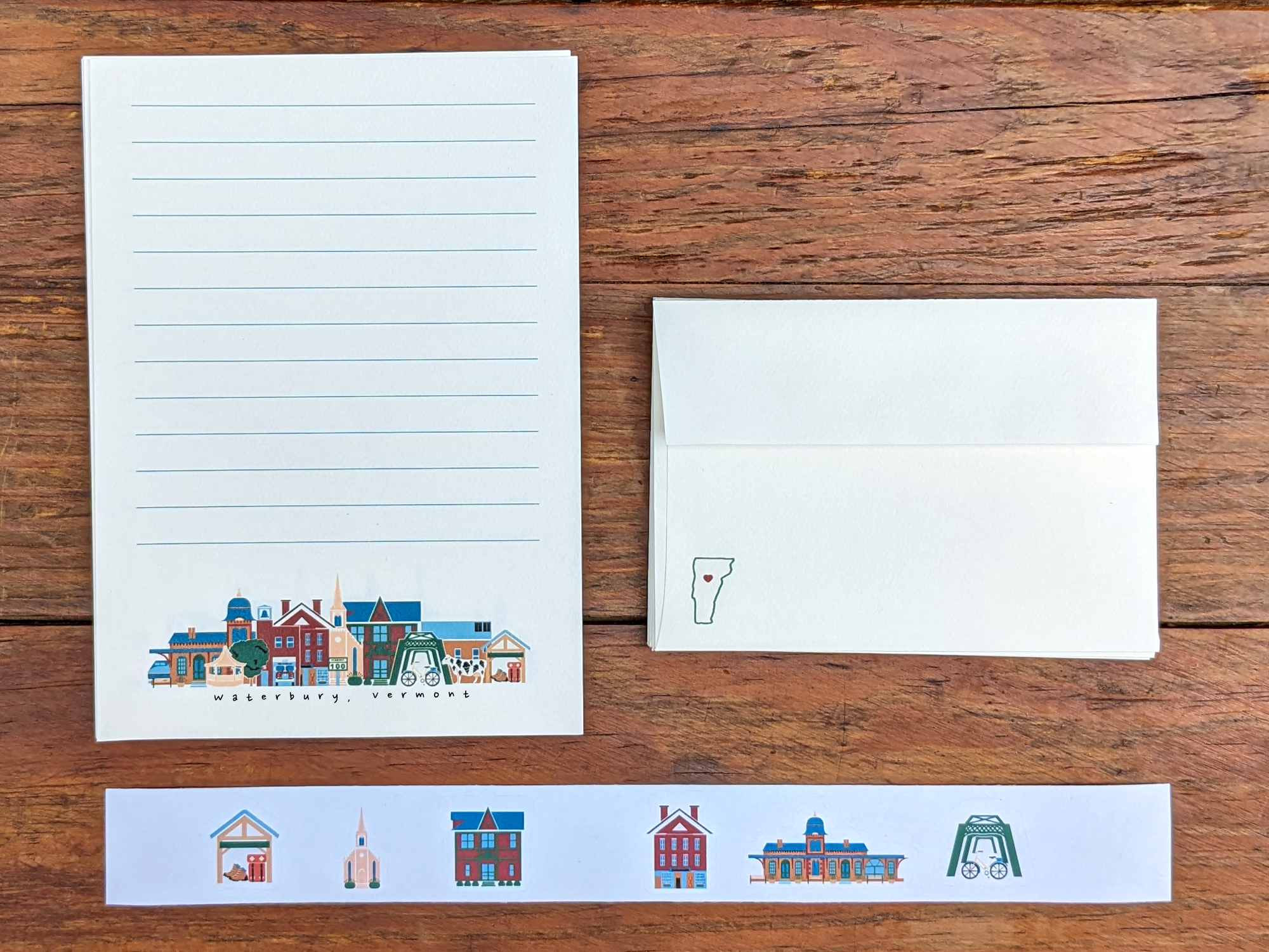 Waterbury | stationery Set | 12 Sheets Paper + 6 Envelopes + Stickers